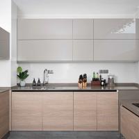 China Custom Small Glossy Grey And Wood Grain Kitchen Cabinet Melamine Board Kitchenette for sale