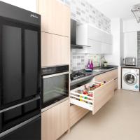 China L Shape Small Kitchen Cabinet White And Wood Grain Handless Open Shelf Melamine for sale