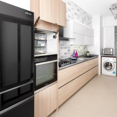 China L Shape Small Kitchen Cabinet White And Wood Grain Handless Open Shelf Melamine for sale