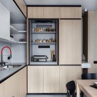China Durable Small Melamine Kitchen Cabinet White Wood Texture Mini Kitchen Cabinet Handless Design for sale