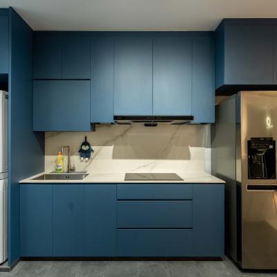 China Modern Navy Blue PVC Kitchen Cabinet Small Apartment Kitchen Cabinet Storage for sale
