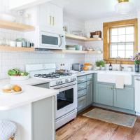 China American Shaker Style Light Blue Lacquer Small Kitchen Cabinet Set With Sink For Cottage for sale