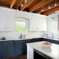 China U Shape Navy Blue and White Shaker Kitchen Cabinets with Quartz Countertop 580mm Base for sale