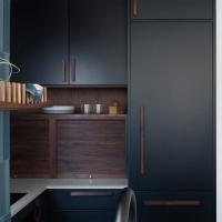 China Dark Blue Matte Lacquer U-Shape Kitchen Cabinets with Wooden Handle 580mm Base Unit for sale