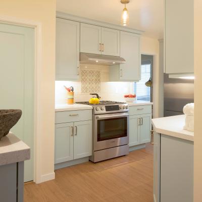 China Factory Direct Matt Lacquer Mint Green Kitchen Cabinets Full Set with Golden Handles and Sink 16mm MDF for sale