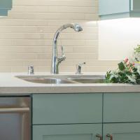 China Factory Direct Matt Lacquer Mint Green Kitchen Cabinets Full Set with Golden Handles and Sink 16mm MDF for sale