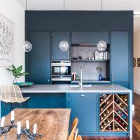 China Customized Design Blue Raised Door Kitchen Cupboards Corner Wall Cabinets With Island for sale