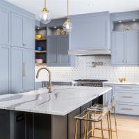 China Customized Complete Shaker Villa Design Grayish Blue Solid Wood Standard Kitchen Cabinet Timber Cupboard Made in China for sale