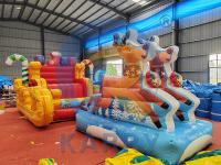 China Blower Included Commercial Pvc Inflatable Santa Sleigh Selfie With Reindeer for Party for sale