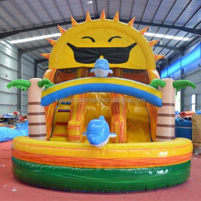 China Double Lane Beach N Sun Inflatable Water Slide Popular Tropical Palm Tree Design for sale