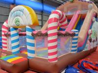 China Indoor 26ft 2-lane Commercial PVC Candy Inflatable Bounce House with Arched Door and Blower for sale