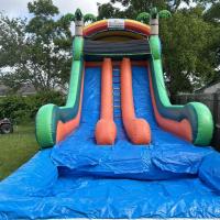 China Commercial Grade Inflatable Water Slide with Double Lane and Tropical Palm Theme for sale