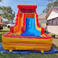 China Customized Logo Commercial PVC Water Park Yellow Marble Inflatable Slide with Pool for sale