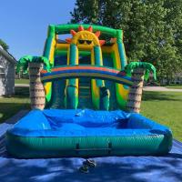 China Outdoor Aqua Fun Commercial PVC Sun Theme Inflatable Water Slide with Dual Lane Pool for sale