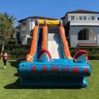 China 0.55mm PVC Tarpaulin Red Carp Theme Inflatable Water Slide with Wide Slip and Slide for sale