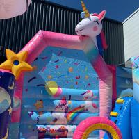 China Commercial PVC Kids Trampoline Games Rainbow Unicorn Inflatable Fun City with Slide for sale