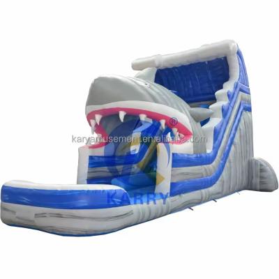 China Unleash Your Inner Shark Commercial Blue Water Slide with Inflatable Shark and Pool for sale