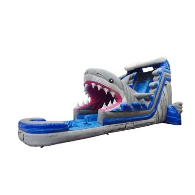 China Popular Inflatable Water Park Equipment Big Blue 3D Shark Water Slides with Swimming Pool for sale