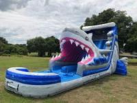 China Popular Inflatable Water Park Equipment Big Blue 3D Shark Water Slides with Swimming Pool for sale