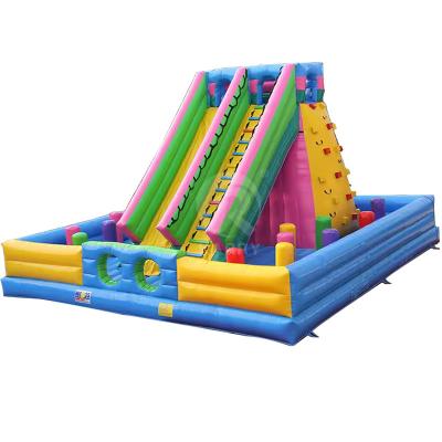 China Customized Color Outdoor Inflatable Dry Slide with Double Lane and Rock Climbing Wall for sale