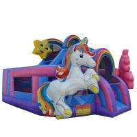 China Outdoor Fun Commercial 0.55mm PVC Rainbow Unicorn Inflatable Bouncer with Wet Dry Slide for sale