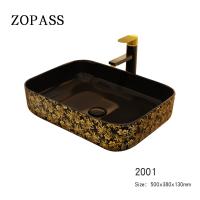 China Custom Square Black Gold Art Deco Pedestal Basin 500x380x130mm Ceramic Vessel Sink for sale