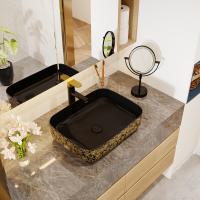 China Custom Square Black Gold Art Deco Pedestal Basin 500x380x130mm Ceramic Vessel Sink for sale