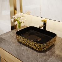 China Custom Square Black Gold Art Deco Pedestal Basin 500x380x130mm Ceramic Vessel Sink for sale