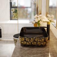 China Custom Square Black Gold Art Deco Pedestal Basin 500x380x130mm Ceramic Vessel Sink for sale