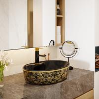 China Luxury Oval Freestanding Vanity Basin Black Gold Ceramic 560x410mm with Faucet for sale