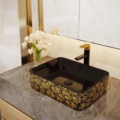 China Black Gold Rectangle Ceramic Countertop Basin 560x410mm Single Hole Vessel Sink for sale