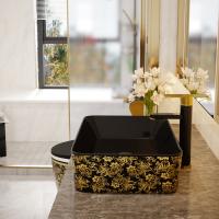 China Black Gold Rectangle Ceramic Countertop Basin 560x410mm Single Hole Vessel Sink for sale