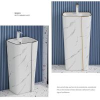 China Single Hole Cylindrical Ceramic Art Basin Marble Design With Gold Line for sale