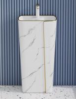 China Single Hole Cylindrical Ceramic Art Basin Marble Design With Gold Line for sale