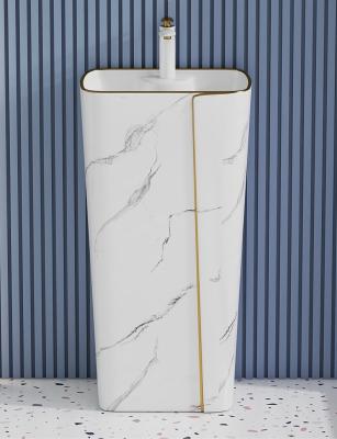 China Single Hole Cylindrical Ceramic Art Basin Marble Design With Gold Line for sale