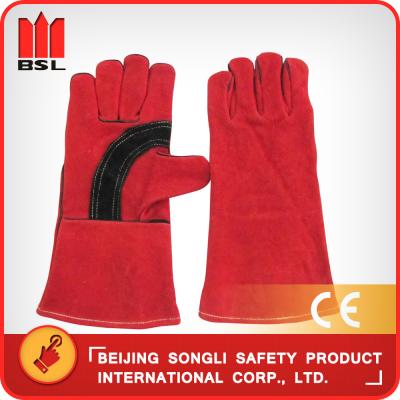 China Cow Split Leather Welding Gloves 14 Inch Length CE Certified Red Reinforced Palm for sale