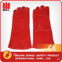 China Cow Split Leather Welding Gloves 14 Inch Length CE Certified Red Reinforced Palm for sale