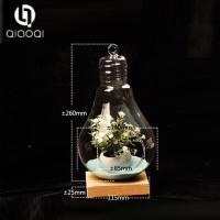 China Creative bulb shape hanging glass vase with wood base for sale