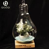China Creative bulb shape hanging glass vase with wood base for sale