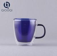 China hot selling blue double wall glass cup with handle customized for sale