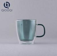 China hot selling blue double wall glass cup with handle customized for sale