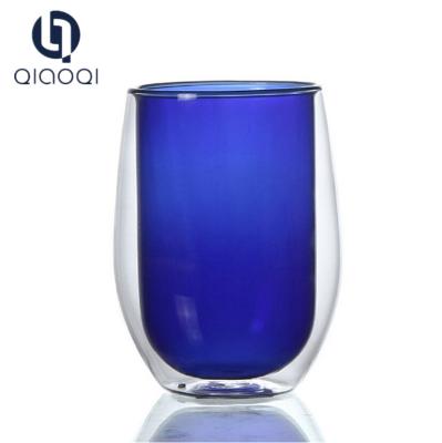 China Promotional blue colored borosilicate double wall glass tea cup at cheap price for sale