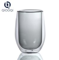 China Promotional blue colored borosilicate double wall glass tea cup at cheap price for sale