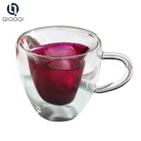 China Hot sales Heart shape borosilicate glass double wall coffee cup with handle for sale