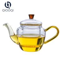 China Promotional gifts 400ml Glass Personalized Tea Pots With Colored Handle and Lid Made in China for sale