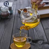 China Promotional gifts 400ml Glass Personalized Tea Pots With Colored Handle and Lid Made in China for sale