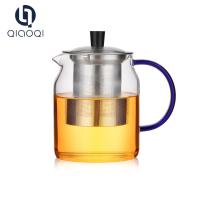 China Hand blown high borosilicate glass teapot with blue color handle for sale