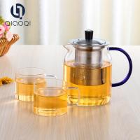 China Hand blown high borosilicate glass teapot with blue color handle for sale