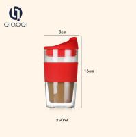 China Hot sale 350ml borosilicate glass double wall coffee cup with lid silicone bottom and lid for sale