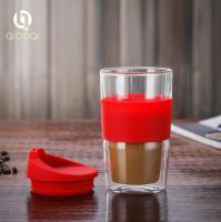 China Hot sale 350ml borosilicate glass double wall coffee cup with lid silicone bottom and lid for sale